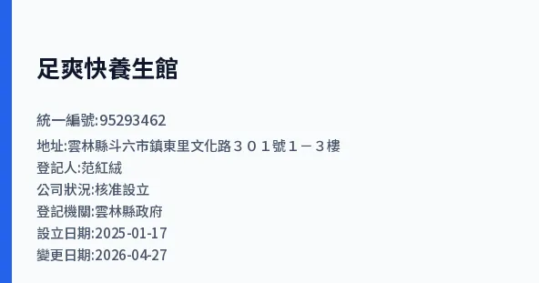 足爽快養生館的照片-統編 95293462(雲林縣) 公司登記資料與營業項目詳細圖表