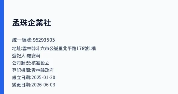 孟珠企業社的照片-統編 95293505(雲林縣) 公司登記資料與營業項目詳細圖表