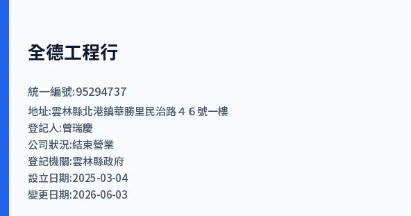 全德工程行的照片-統編 95294737(雲林縣) 公司登記資料與營業項目詳細圖表