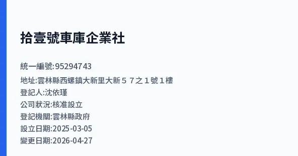 拾壹號車庫企業社的照片-統編 95294743(雲林縣) 公司登記資料與營業項目詳細圖表