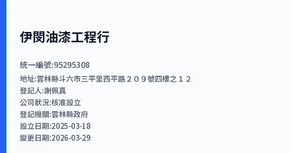 伊閔油漆工程行的照片-統編 95295308(雲林縣) 公司登記資料與營業項目詳細圖表
