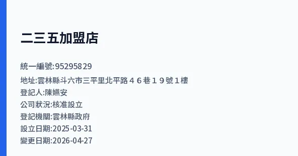 二三五加盟店的照片-統編 95295829(雲林縣) 公司登記資料與營業項目詳細圖表