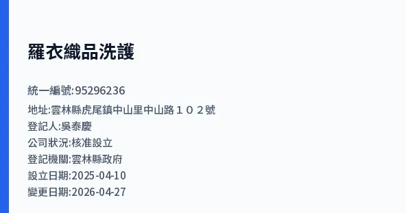 羅衣織品洗護的照片-統編 95296236(雲林縣) 公司登記資料與營業項目詳細圖表