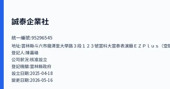 誠泰企業社的照片-統編 95296545(雲林縣) 公司登記資料與營業項目詳細圖表