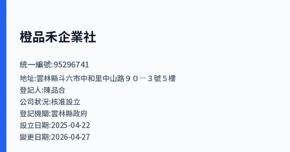 橙品禾企業社的照片-統編 95296741(雲林縣) 公司登記資料與營業項目詳細圖表