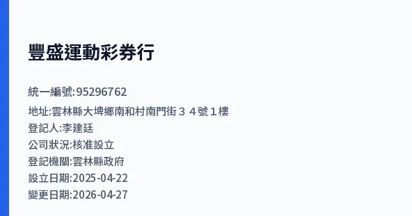 豐盛運動彩券行的照片-統編 95296762(雲林縣) 公司登記資料與營業項目詳細圖表