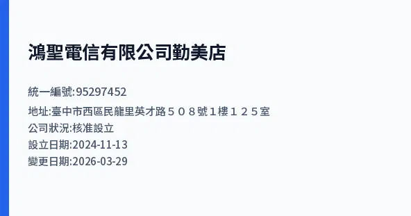鴻聖電信有限公司勤美店的照片-統編 95297452(臺中市) 公司登記資料與營業項目詳細圖表