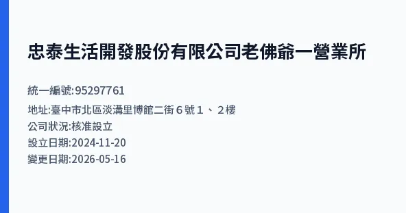 忠泰生活開發股份有限公司老佛爺一營業所的照片-統編 95297761(臺中市) 公司登記資料與營業項目詳細圖表