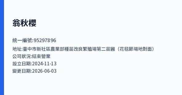 翁秋櫻的照片-統編 95297896(臺中市) 公司登記資料與營業項目詳細圖表