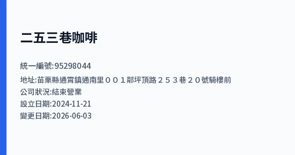 二五三巷咖啡的照片-統編 95298044(苗栗縣) 公司登記資料與營業項目詳細圖表