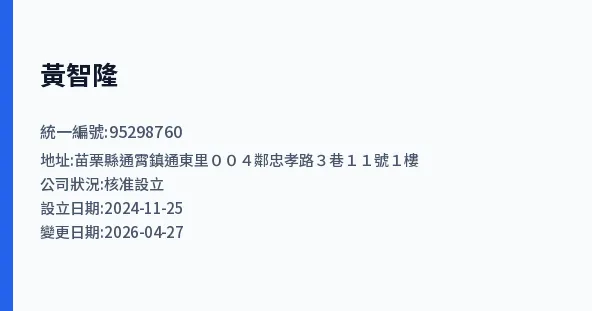 黃智隆的照片-統編 95298760(苗栗縣) 公司登記資料與營業項目詳細圖表