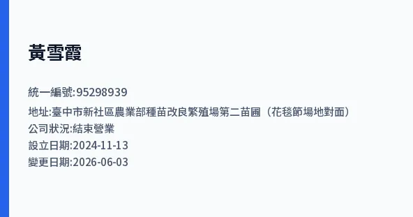 黃雪霞的照片-統編 95298939(臺中市) 公司登記資料與營業項目詳細圖表