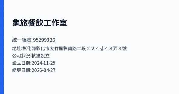 龜旅餐飲工作室的照片-統編 95299326(彰化縣) 公司登記資料與營業項目詳細圖表