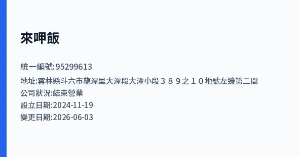 來呷飯的照片-統編 95299613(雲林縣) 公司登記資料與營業項目詳細圖表