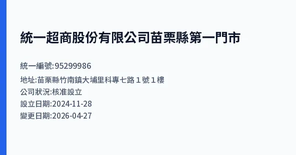 統一超商股份有限公司苗栗縣第一門市的照片-統編 95299986(苗栗縣) 公司登記資料與營業項目詳細圖表