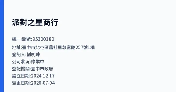 派對之星商行的照片-統編 95300180(臺中市) 公司登記資料與營業項目詳細圖表