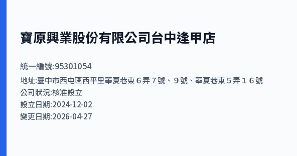 寶原興業股份有限公司台中逢甲店的照片-統編 95301054(臺中市) 公司登記資料與營業項目詳細圖表