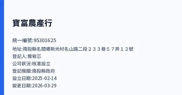 寶富農產行的照片-統編 95301625(南投縣) 公司登記資料與營業項目詳細圖表