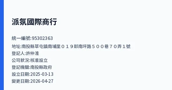 派氛國際商行的照片-統編 95302363(南投縣) 公司登記資料與營業項目詳細圖表