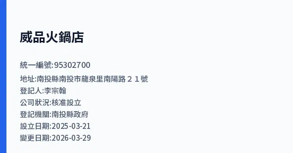 威品火鍋店的照片-統編 95302700(南投縣) 公司登記資料與營業項目詳細圖表