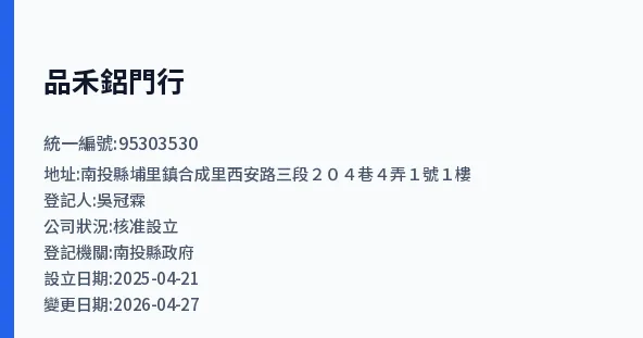 品禾鋁門行的照片-統編 95303530(南投縣) 公司登記資料與營業項目詳細圖表