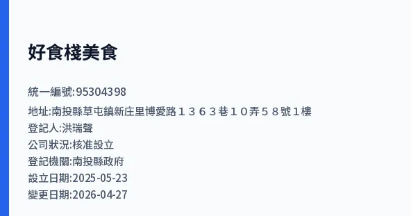 好食棧美食的照片-統編 95304398(南投縣) 公司登記資料與營業項目詳細圖表