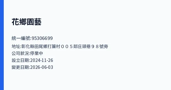 花鄉園藝的照片-統編 95306699(彰化縣) 公司登記資料與營業項目詳細圖表