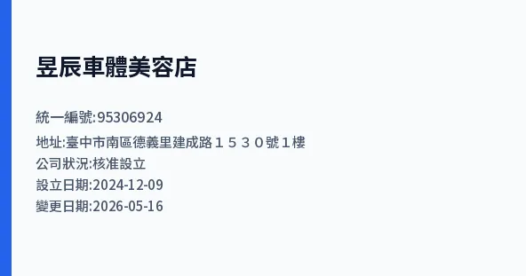 昱辰車體美容店的照片-統編 95306924(臺中市) 公司登記資料與營業項目詳細圖表
