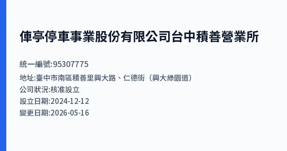 俥亭停車事業股份有限公司台中積善營業所的照片-統編 95307775(臺中市) 公司登記資料與營業項目詳細圖表