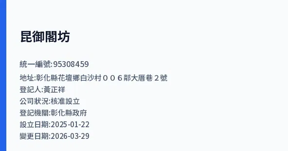 昆御閣坊的照片-統編 95308459(彰化縣) 公司登記資料與營業項目詳細圖表