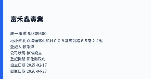 富禾鑫實業的照片-統編 95309680(彰化縣) 公司登記資料與營業項目詳細圖表