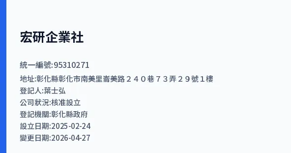 宏研企業社的照片-統編 95310271(彰化縣) 公司登記資料與營業項目詳細圖表