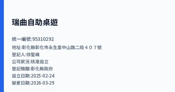 瑞曲自助桌遊的照片-統編 95310292(彰化縣) 公司登記資料與營業項目詳細圖表