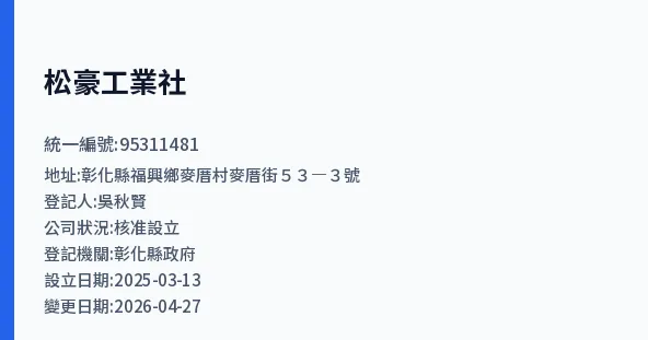 松豪工業社的照片-統編 95311481(彰化縣) 公司登記資料與營業項目詳細圖表