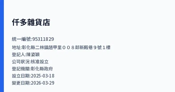 仟多雜貨店的照片-統編 95311829(彰化縣) 公司登記資料與營業項目詳細圖表