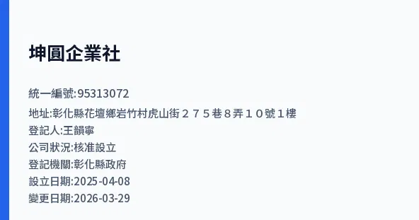 坤圓企業社的照片-統編 95313072(彰化縣) 公司登記資料與營業項目詳細圖表