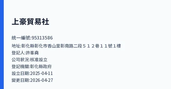 上豪貿易社的照片-統編 95313586(彰化縣) 公司登記資料與營業項目詳細圖表