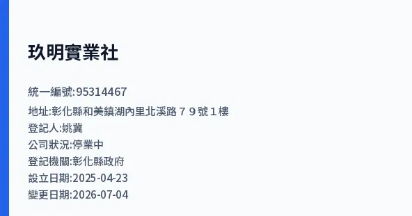 玖明實業社的照片-統編 95314467(彰化縣) 公司登記資料與營業項目詳細圖表