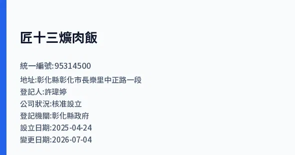 匠十三爌肉飯的照片-統編 95314500(彰化縣) 公司登記資料與營業項目詳細圖表