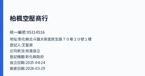 柏楓空壓商行的照片-統編 95314516(彰化縣) 公司登記資料與營業項目詳細圖表