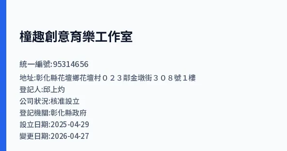 橦趣創意育樂工作室的照片-統編 95314656(彰化縣) 公司登記資料與營業項目詳細圖表