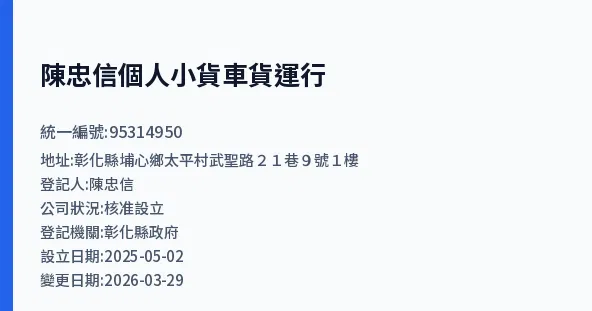 陳忠信個人小貨車貨運行的照片-統編 95314950(彰化縣) 公司登記資料與營業項目詳細圖表