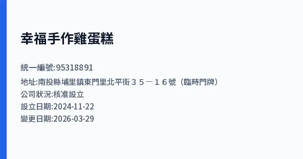 幸福手作雞蛋糕的照片-統編 95318891(南投縣) 公司登記資料與營業項目詳細圖表