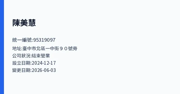 陳美慧的照片-統編 95319097(臺中市) 公司登記資料與營業項目詳細圖表
