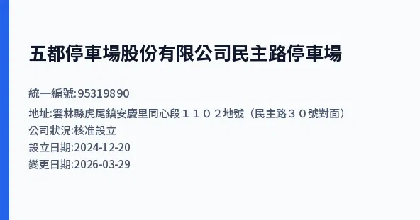 五都停車場股份有限公司民主路停車場的照片-統編 95319890(雲林縣) 公司登記資料與營業項目詳細圖表