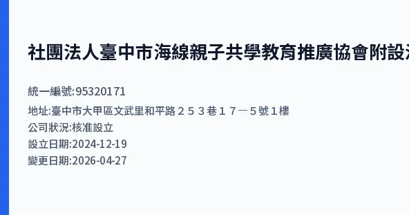 社團法人臺中市海線親子共學教育推廣協會附設沐洲工作室的照片-統編 95320171(臺中市) 公司登記資料與營業項目詳細圖表