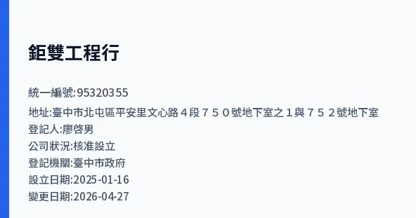 鉅雙工程行的照片-統編 95320355(臺中市) 公司登記資料與營業項目詳細圖表