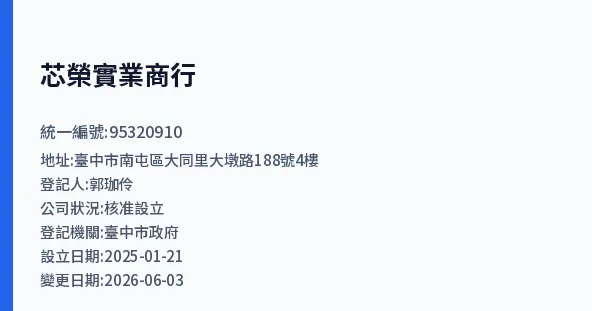 芯榮實業商行的照片-統編 95320910(臺中市) 公司登記資料與營業項目詳細圖表