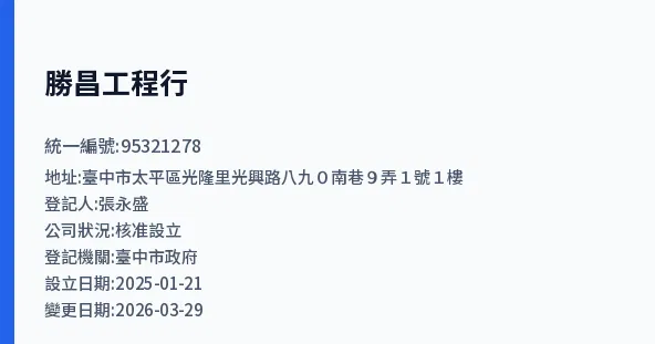勝昌工程行的照片-統編 95321278(臺中市) 公司登記資料與營業項目詳細圖表