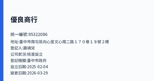 優良商行的照片-統編 95322086(臺中市) 公司登記資料與營業項目詳細圖表